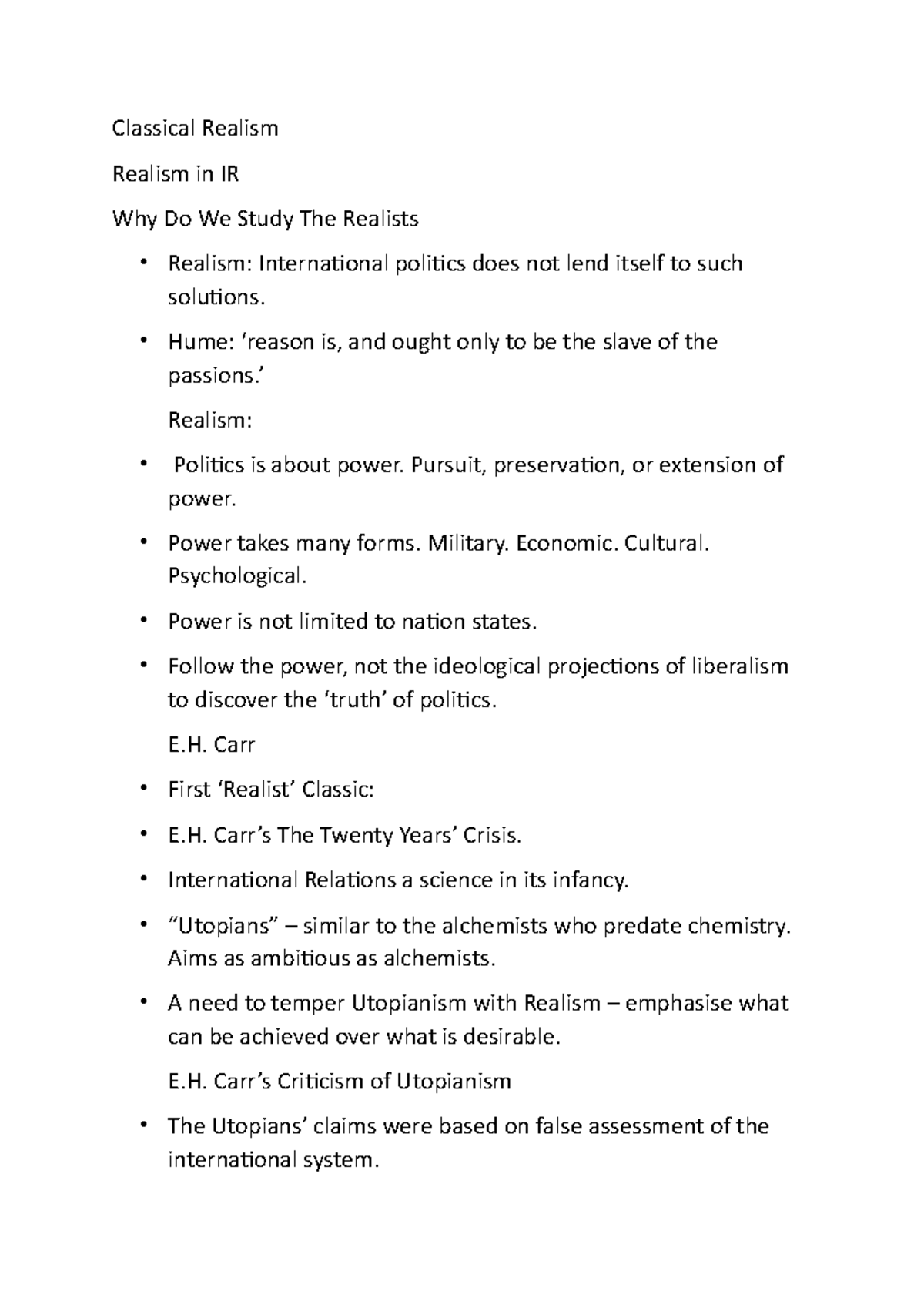 Realism in IR - Lecture notes 3 - Classical Realism Realism in IR Why ...