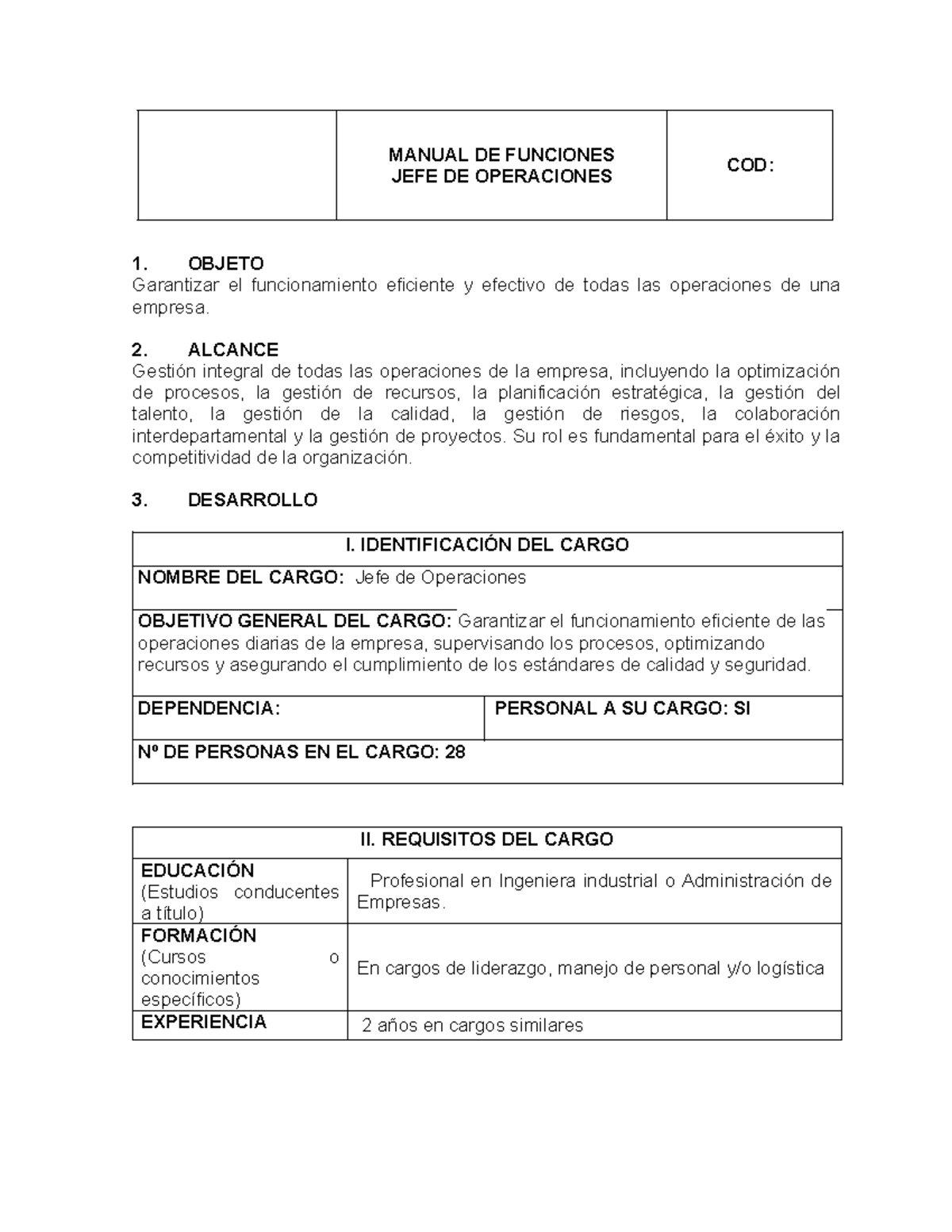 Manual de Funciones Jefe de Operaciones - JEFE DE OPERACIONES COD: 1 ...