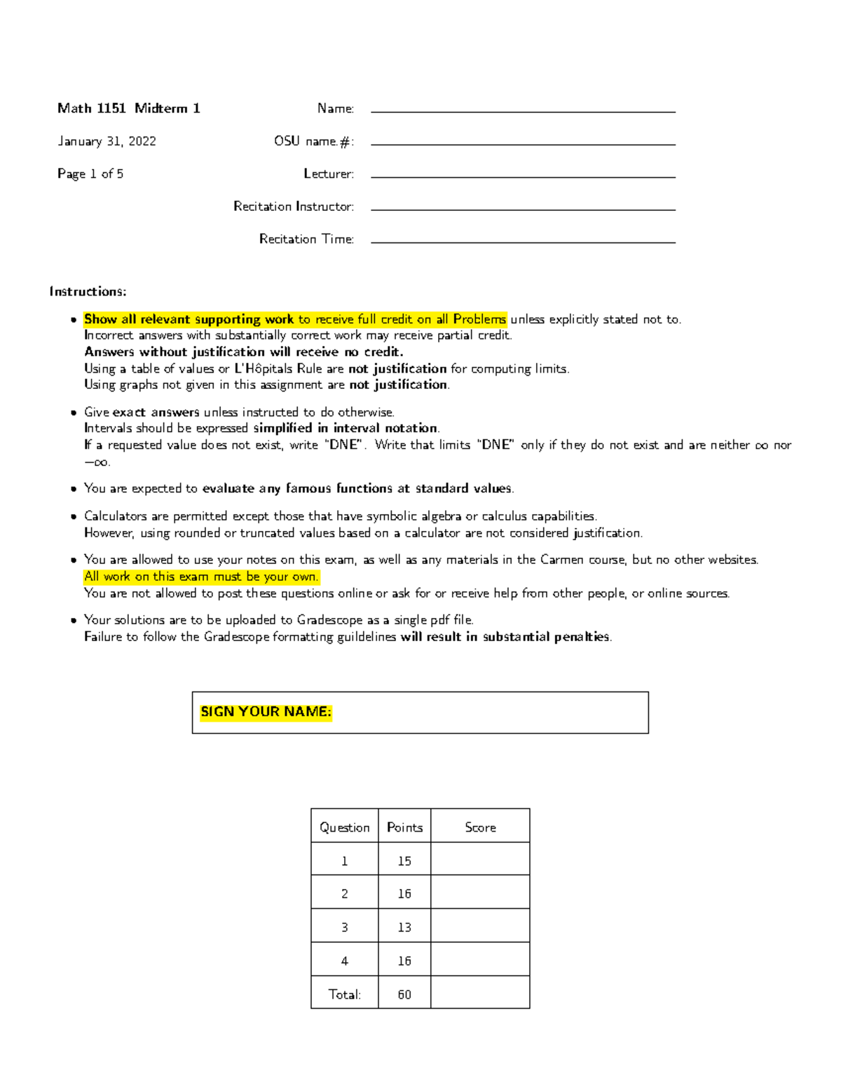 1151M1 Sp22 - Midterm 1 Practice - Math 1151 Midterm 1 Name: January 31 ...