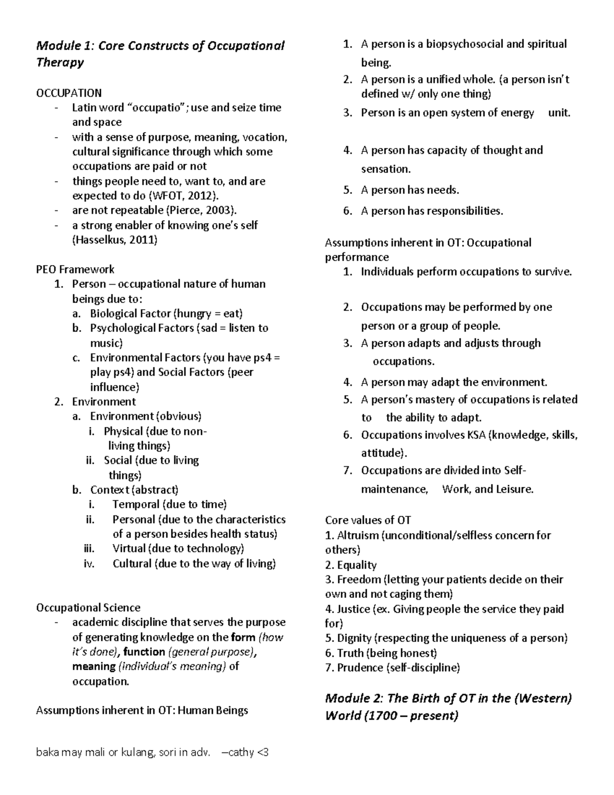 Ot1 Module 1 9 Ot Seminar Notes Module 1 Core Constructs Of Occupational Therapy Occupation