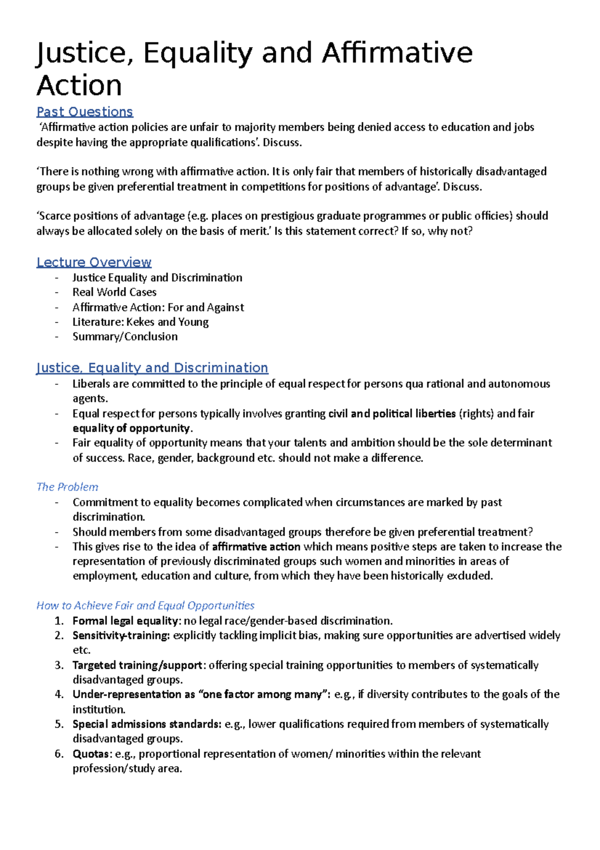 Affirmative Action - Summary incorporates lecture notes, class notes ...