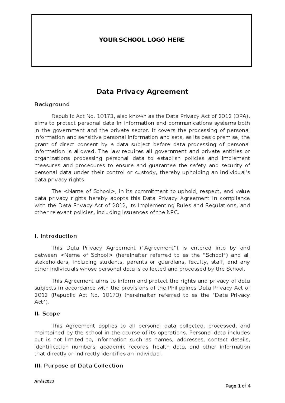 Data Privacy Agreement format - YOUR SCHOOL LOGO HERE Data Privacy ...
