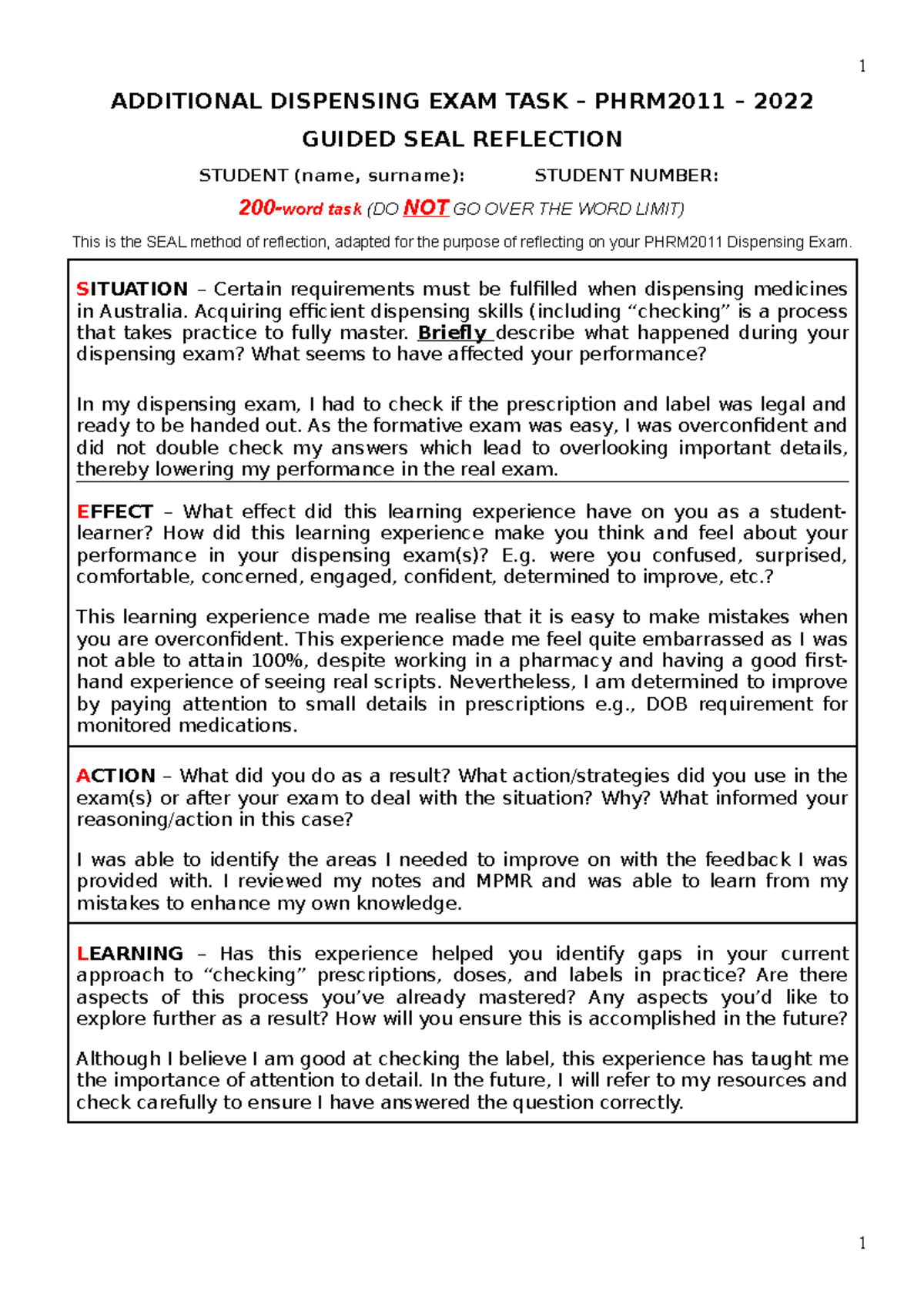 Aleena Binu Reflection - ADDITIONAL DISPENSING EXAM TASK – PHRM2011 ...