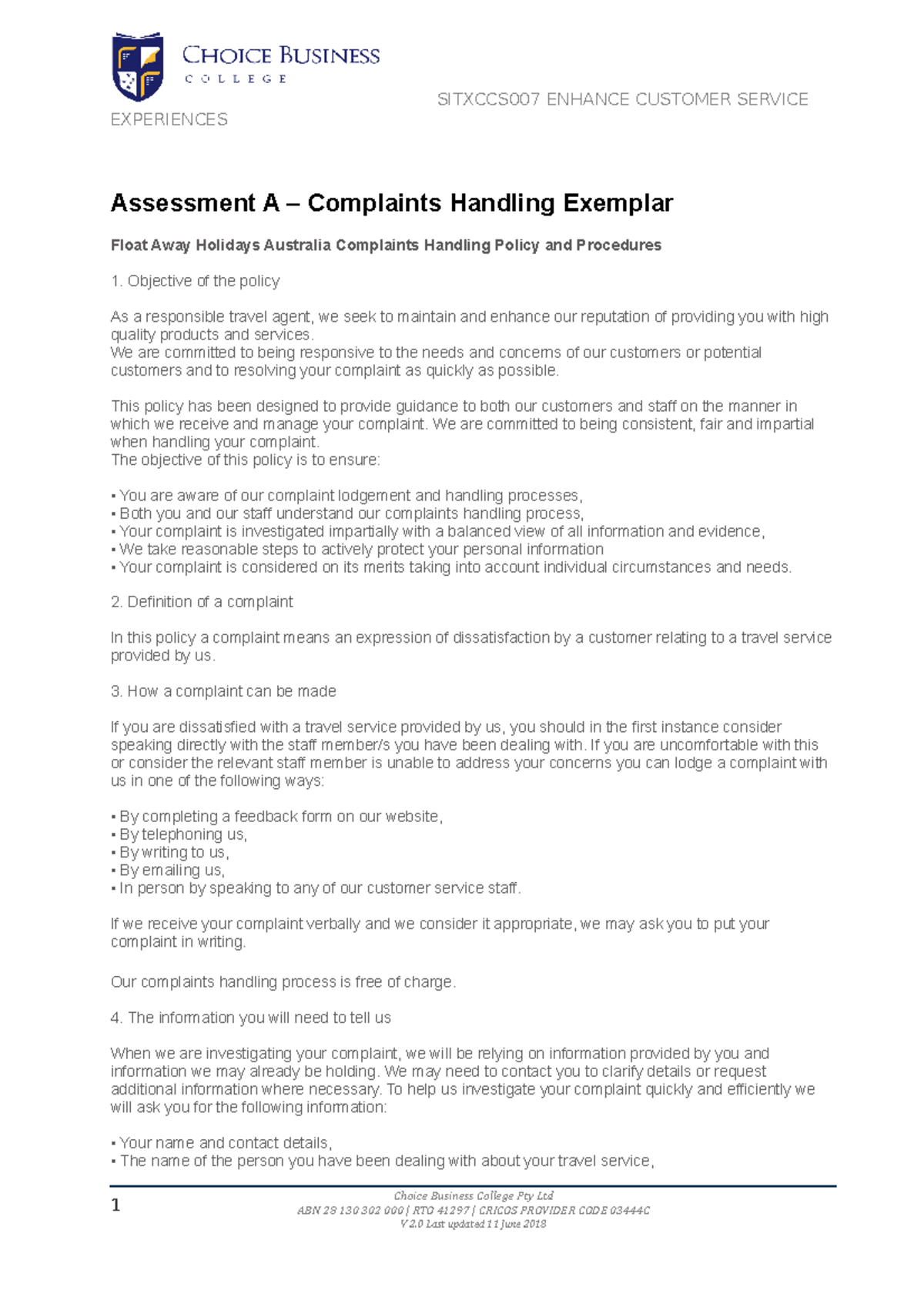 Assessment A - Complaints Handling Exampler - SITXCCS007 ENHANCE ...