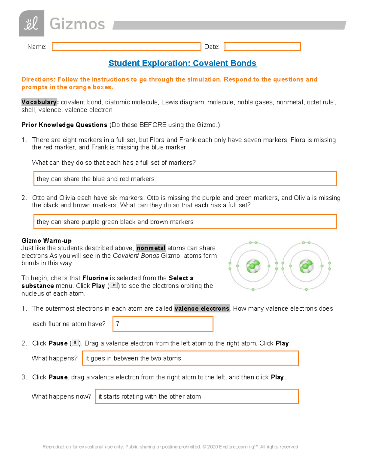 Covalent Bonds gizmo - Name: Date: Student Exploration: Covalent Bonds ...
