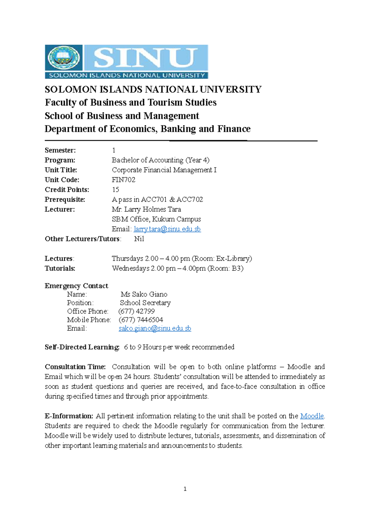 FIN702 UD 2023 - Outline - SOLOMON ISLANDS NATIONAL UNIVERSITY Faculty ...