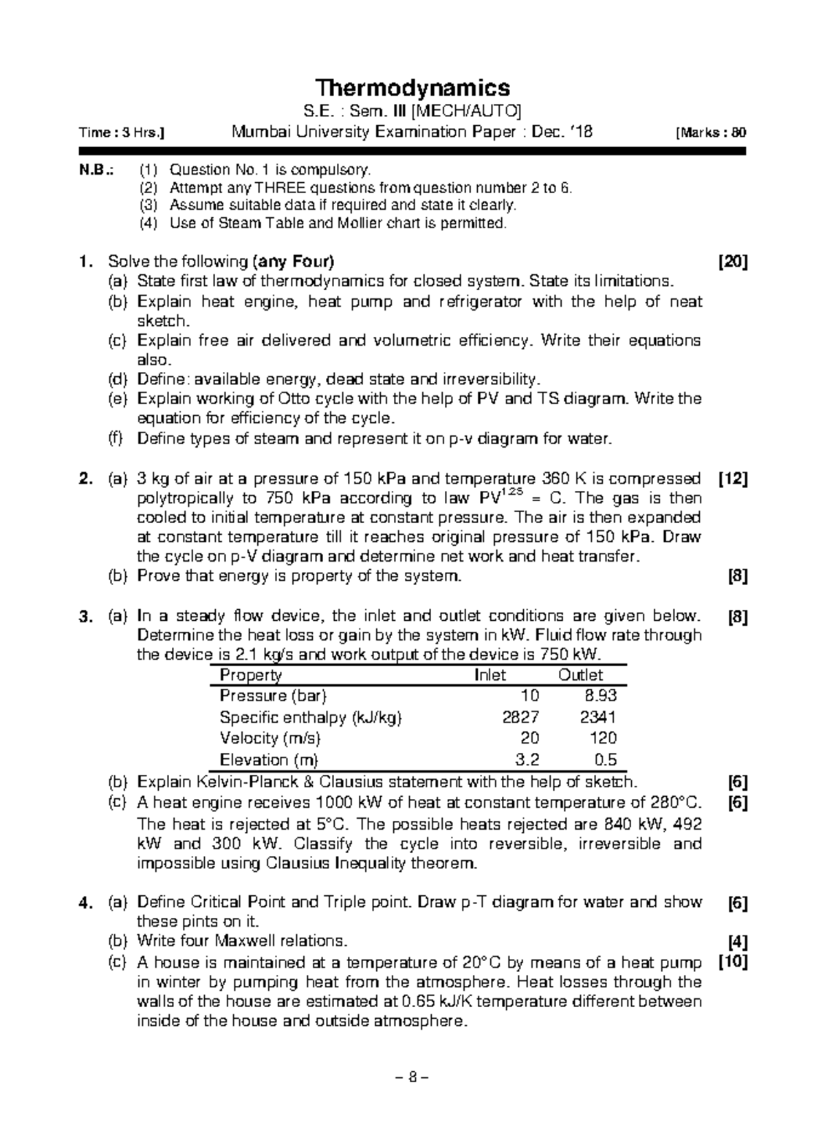 TD Papers - Thermo - Thermodynamics S. : Sem. III [MECH/AUTO] Time : 3 ...