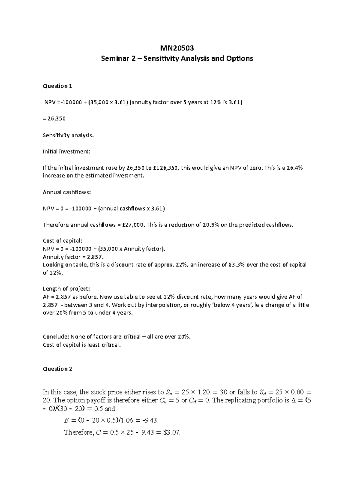 MN20503 2019 Seminar 2 - Sensitivity and Options - Solutions - MN20503 ...
