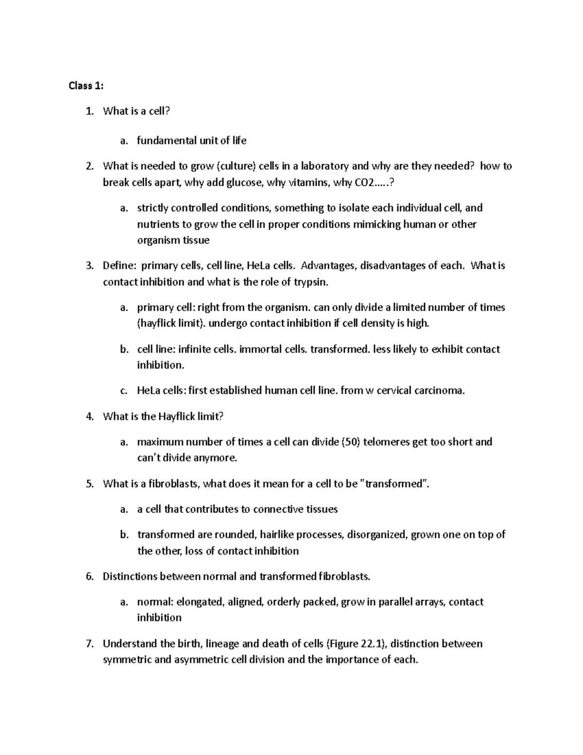 Cell Bio Learning Outcomes - Class 1: 1. What is a cell? a. fundamental ...