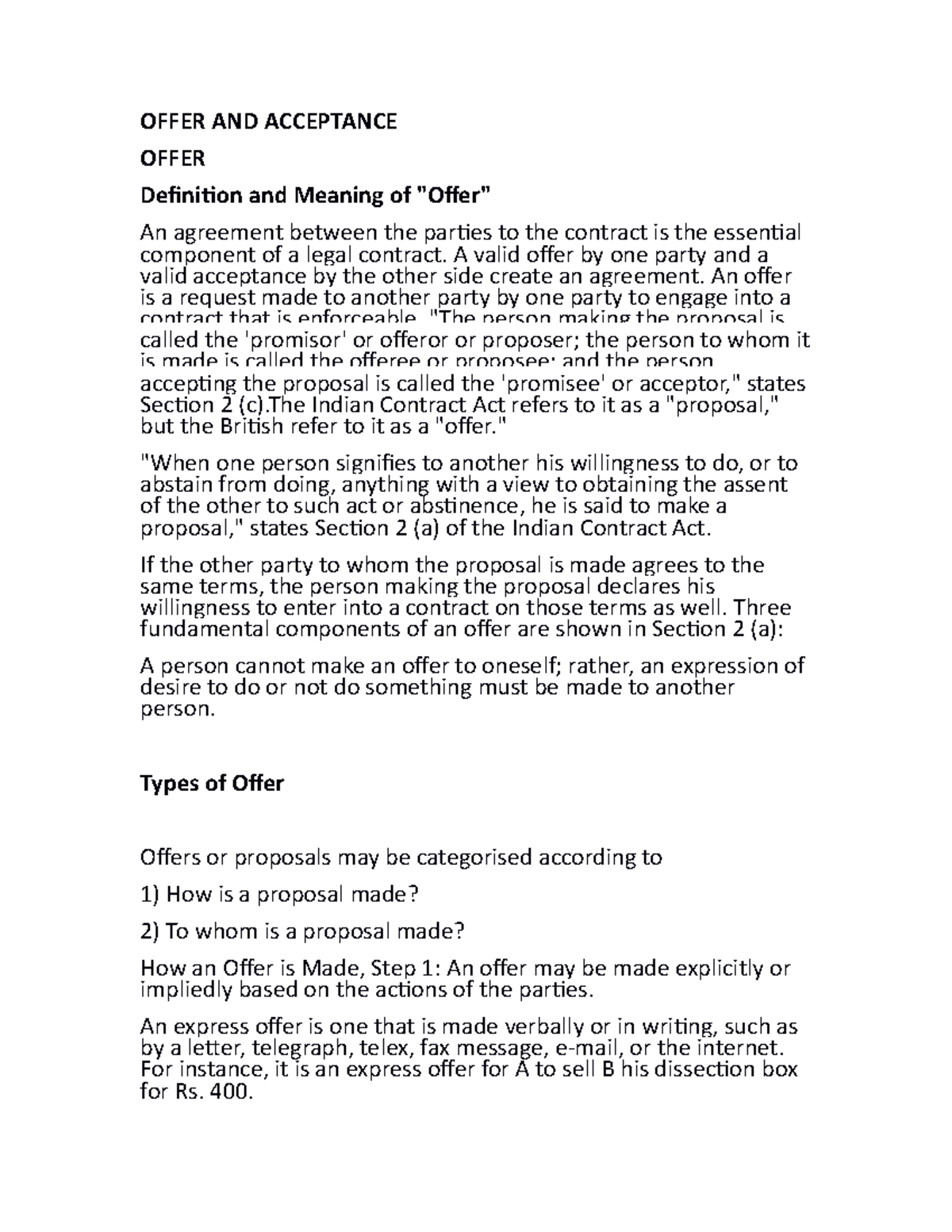 Offer AND Acceptance notes - OFFER AND ACCEPTANCE OFFER Definition and ...