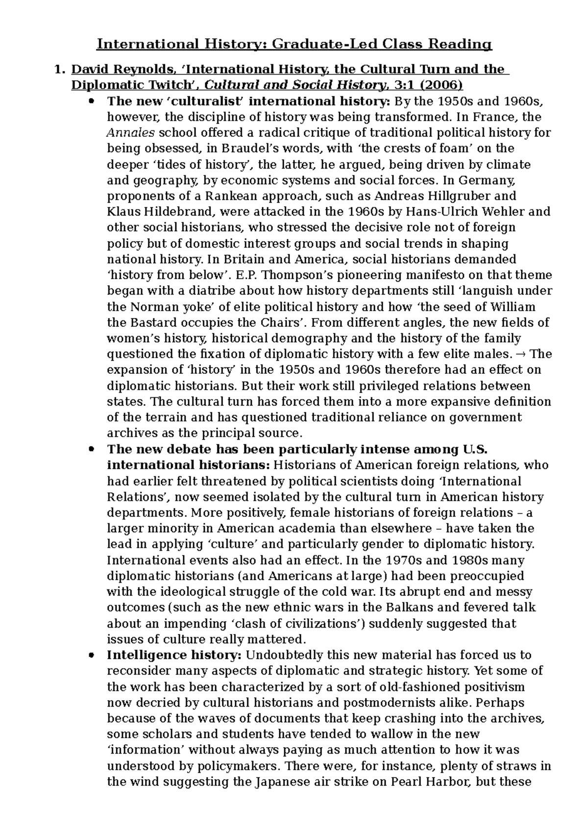 Class Reading Notes - International History - International History ...