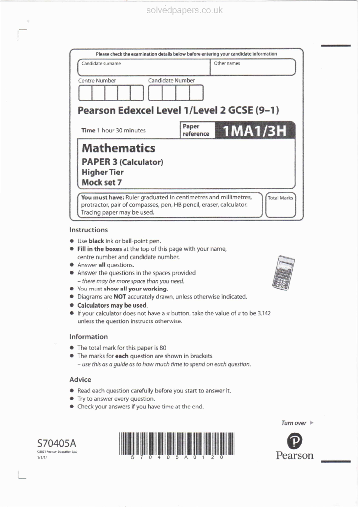 GCSE Maths mock Set 7 2022 P3H solved - Studocu