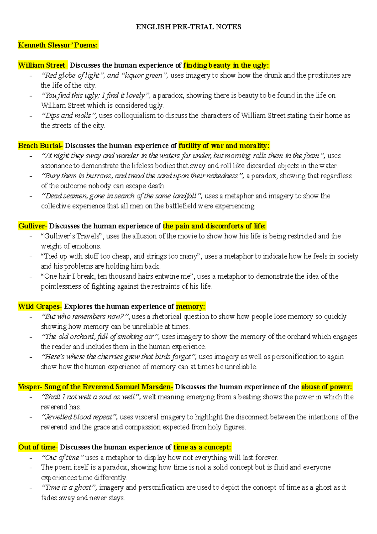 Texts and Human Experiences Notes - ENGLISH PRE-TRIAL NOTES Kenneth ...