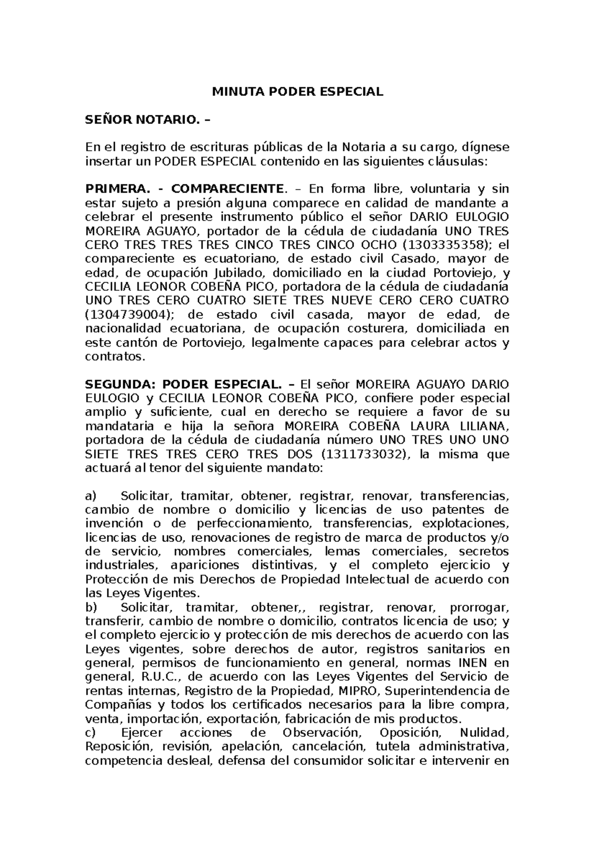 Poder Especial - MINUTA PODER ESPECIAL SEÑOR NOTARIO. – En el registro ...