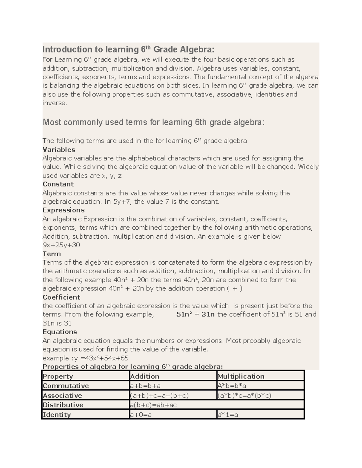 Algebra - Paper - Introduction to learning 6 For Learning 6th grade ...