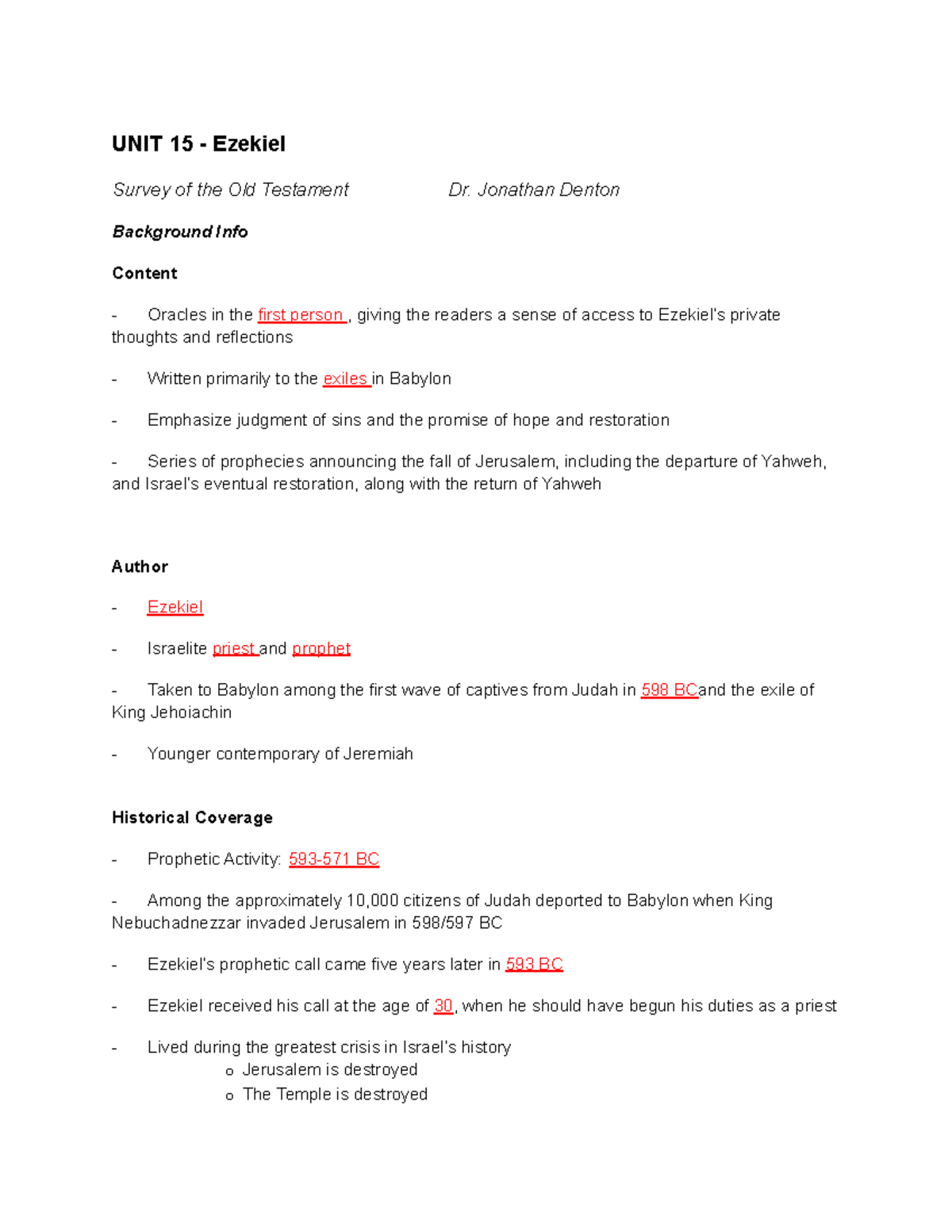 UNIT 15 - Ezekiel - Filled in lecture notes - UNIT 15 - Ezekiel Survey ...