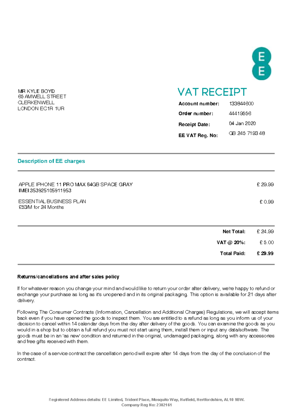 EE UK - VAT RECEIPT Description of EE charges MR KYLE BOYD 65 AMWELL ...