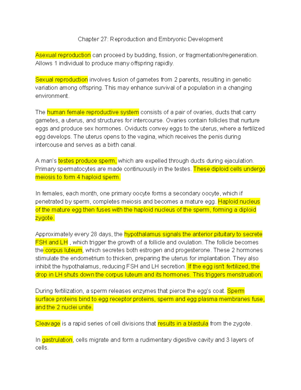 Biology 1011 Final Exam Notes - Chapter 27: Reproduction and Embryonic ...