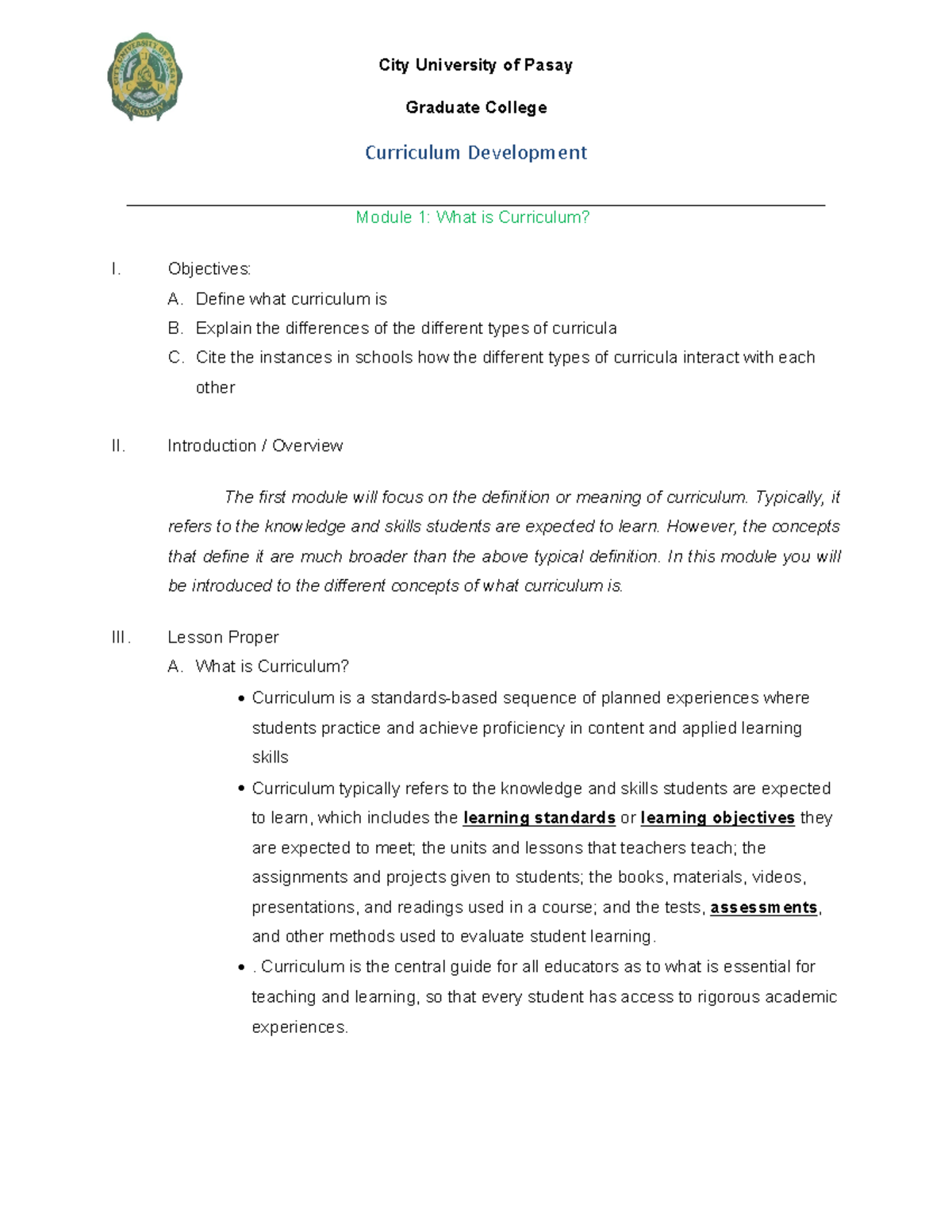 Module 1 Curriculum Development - Graduate College Curriculum ...