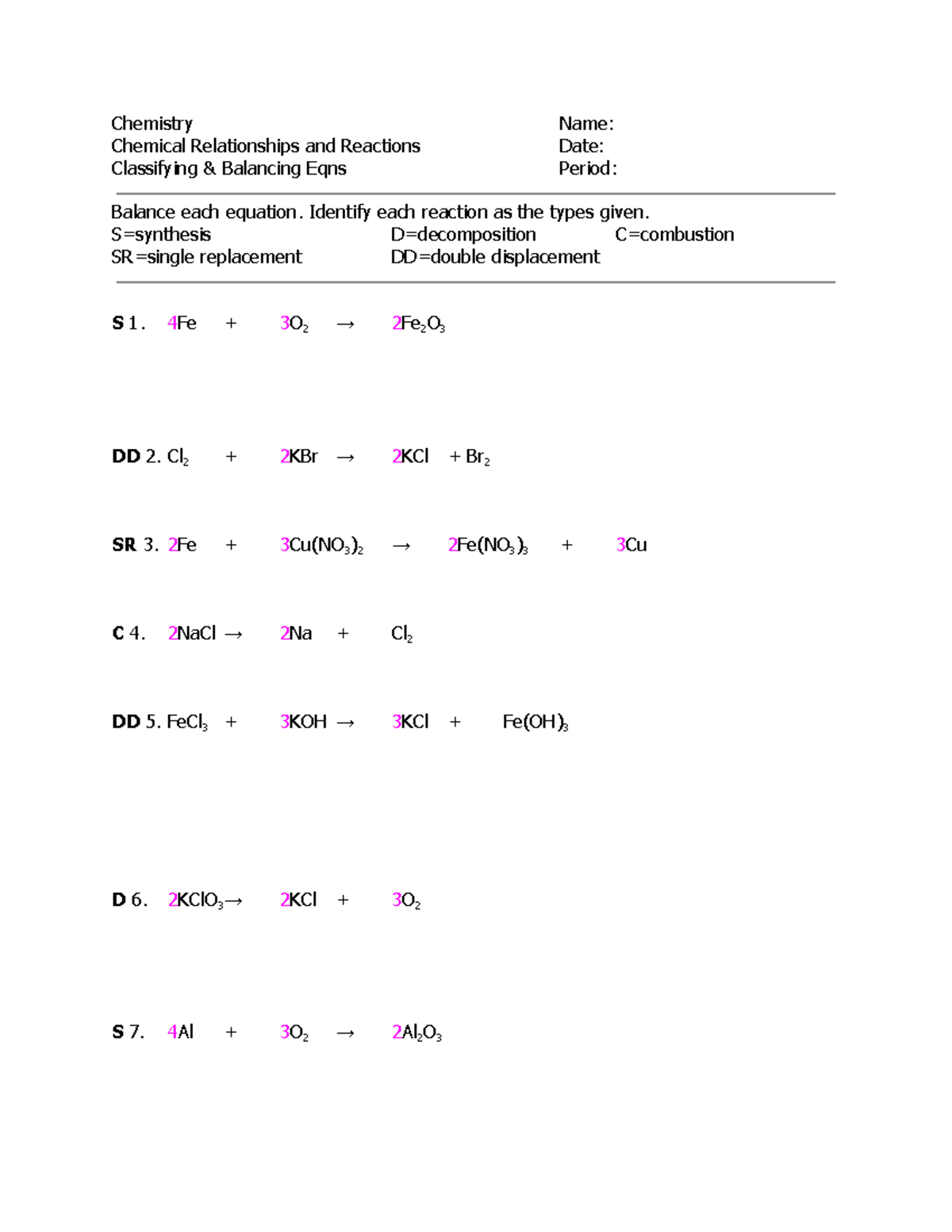 WS Balance and Classification of Reactions - Chemistry Name: Chemical ...