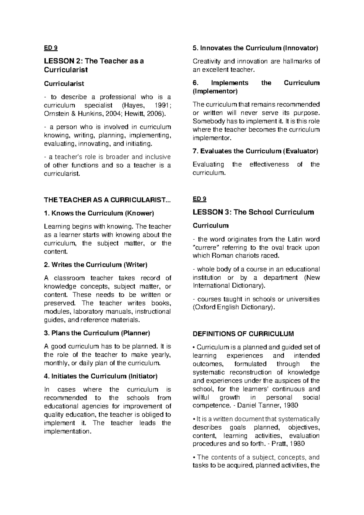 ED-9- Reviewer - ED 9 LESSON 2: The Teacher as a Curricularist ...