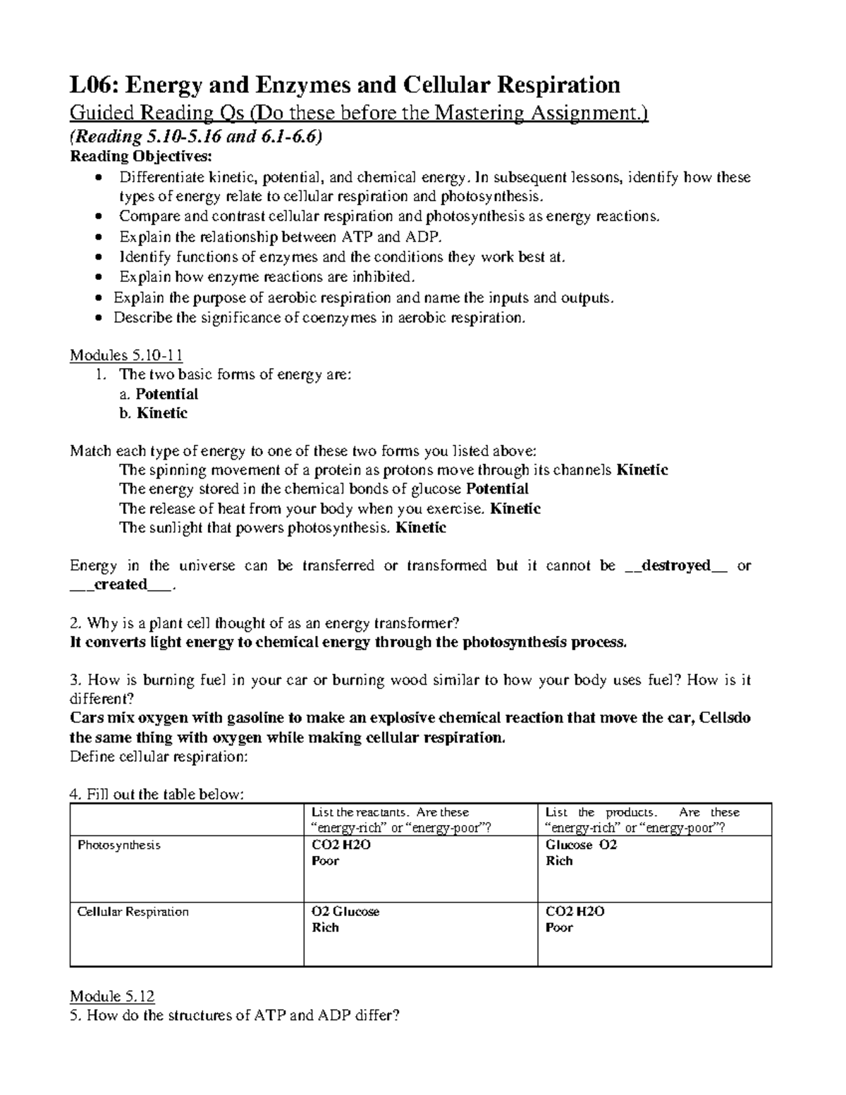 Lesson 6 GRQs Energy and Enzymes and Cellular Respiration - L06: Energy ...