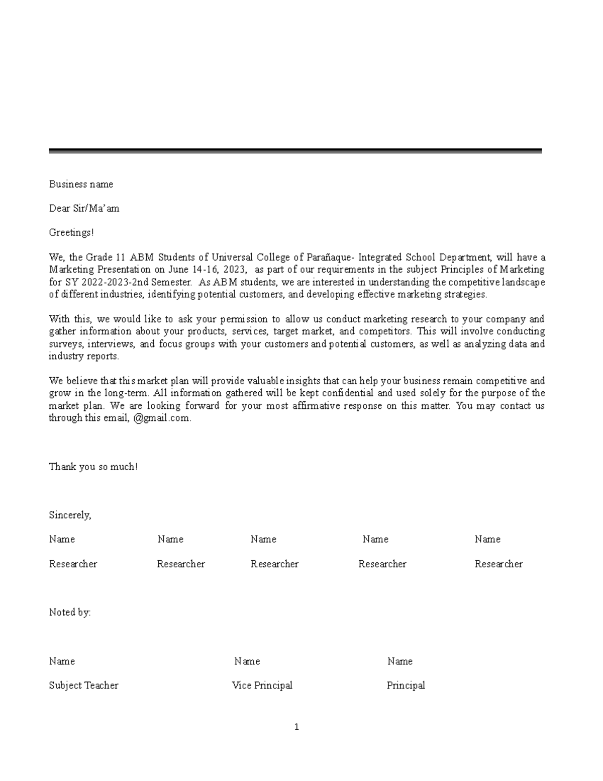 Sample letter marketing - Business name Dear Sir/Ma’am Greetings! We ...