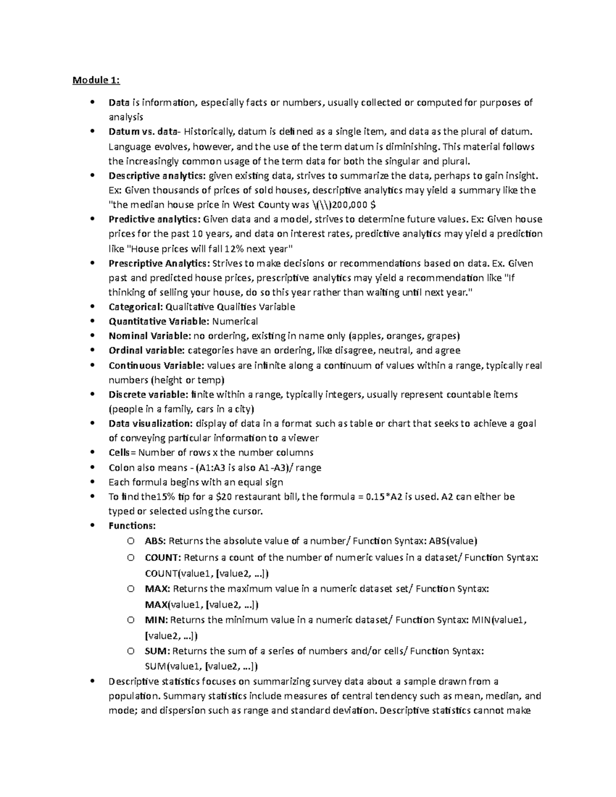 Statistics Module 1 Notes Module 1 Data Is Information Especially Facts Or Numbers Usually