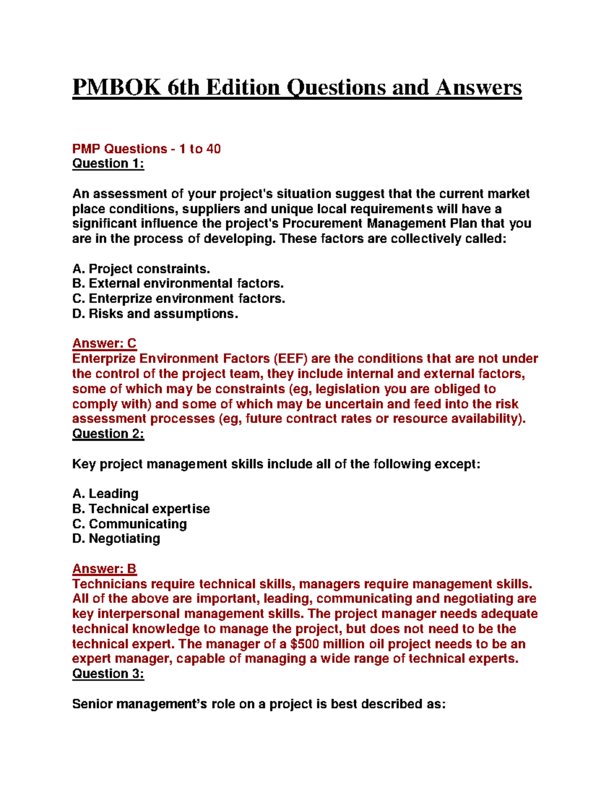 Pdfcoffee - None - PMBOK 6th Edition Questions and Answers PMP Questions - 1 to 40 Question 1 ...
