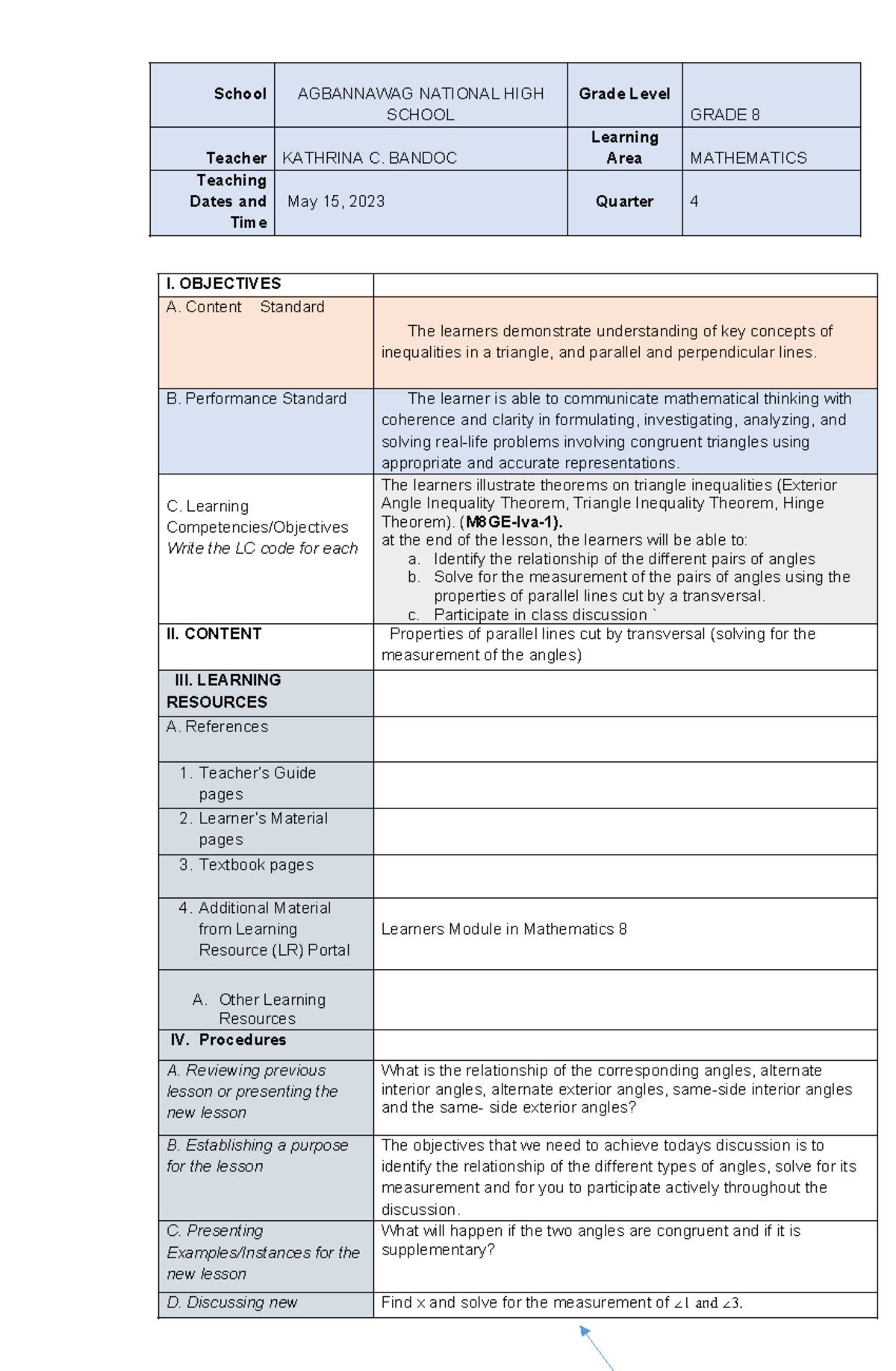 Parallel Transversal - I. OBJECTIVES A. Content Standard The learners ...