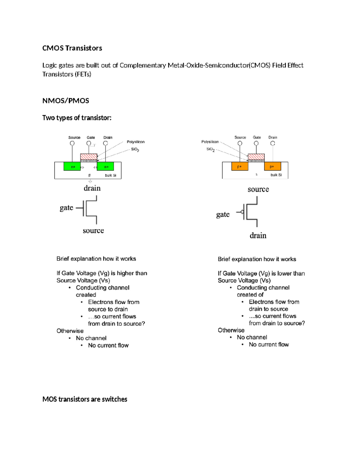 Elec 1601 notes - note - CMOS Transistors Logic gates are built out of ...