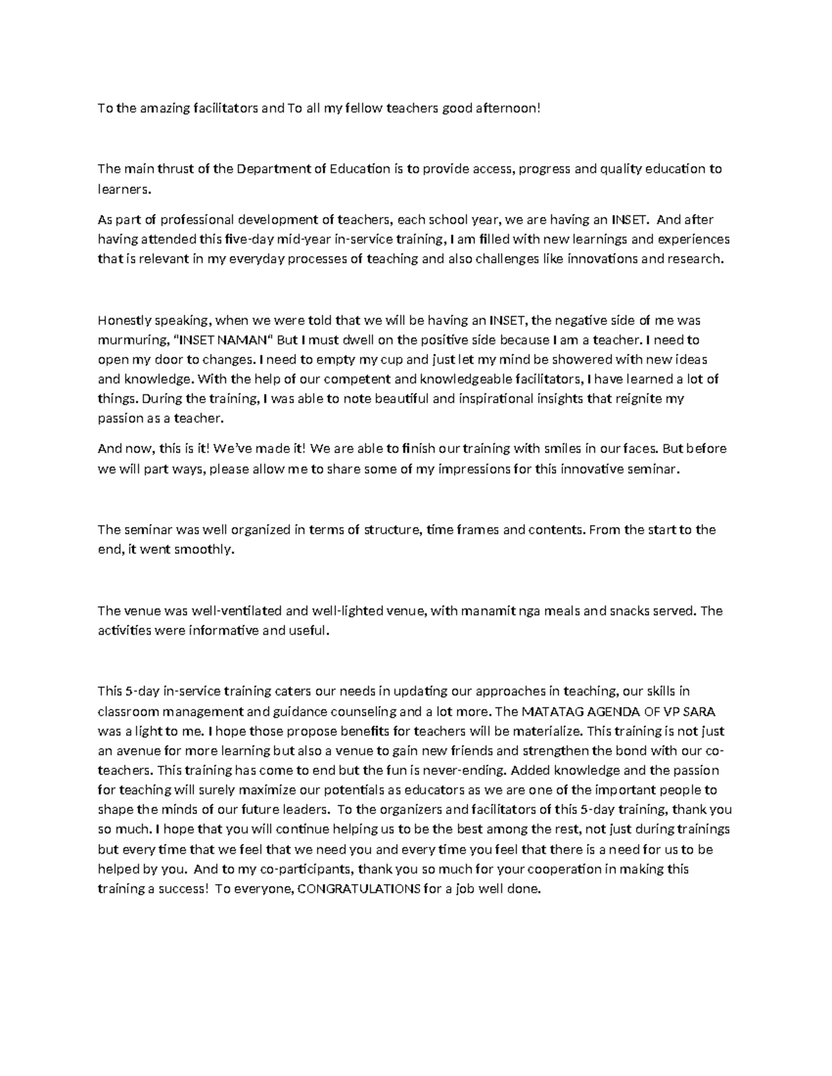 Inset%20 Impression - Insight learned from In-service Trainings - To ...