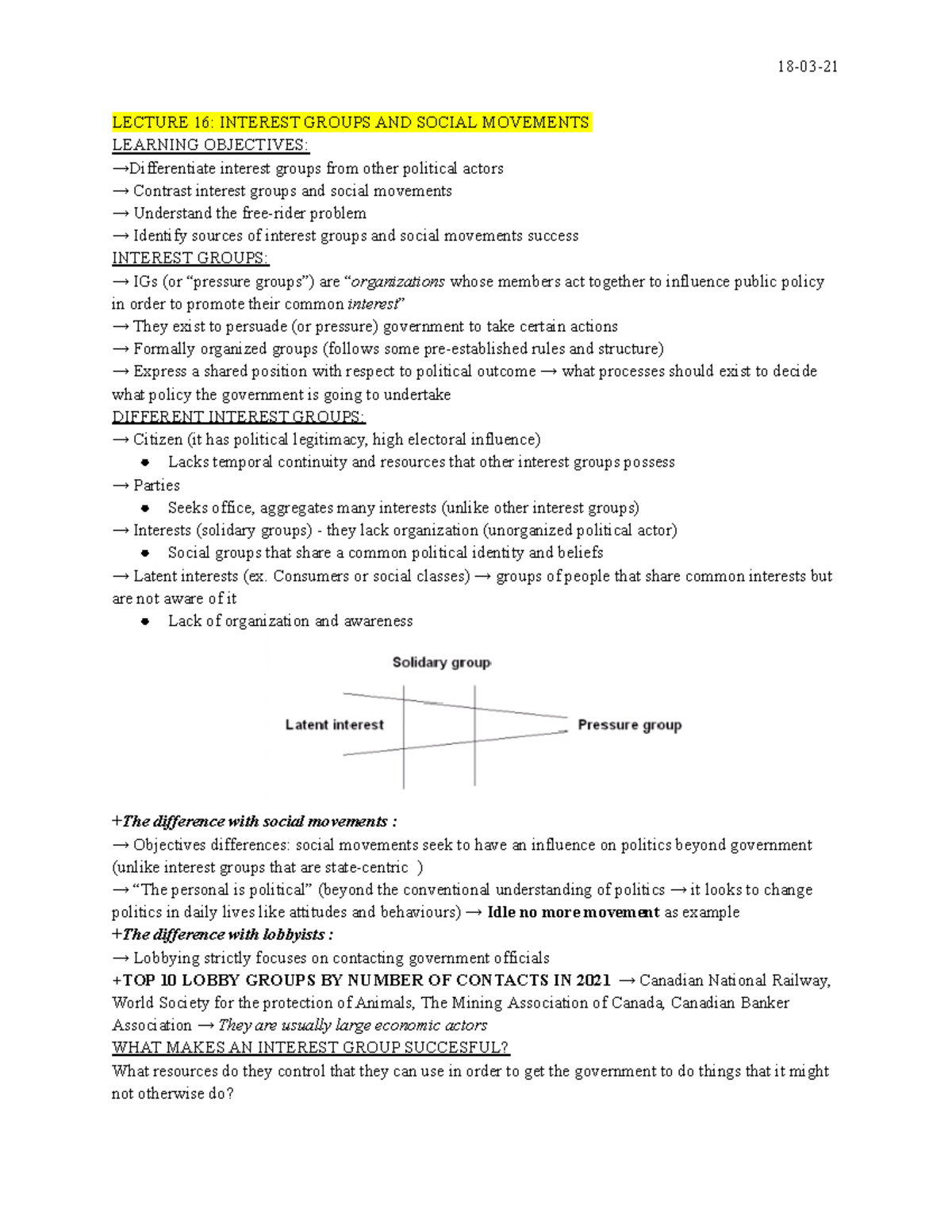 Lecture 16-Interest groups and social movements - 18-03- LECTURE 16 ...