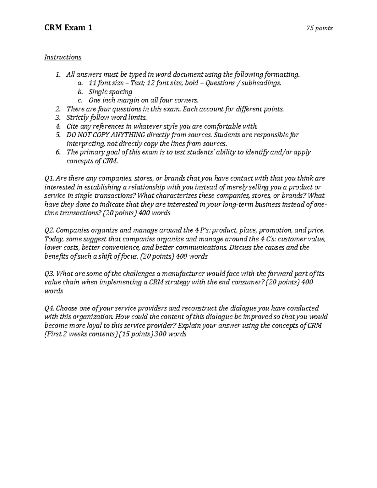 CRM Short Answer - CRM Exam 1 75 points Instructions 1. All answers ...