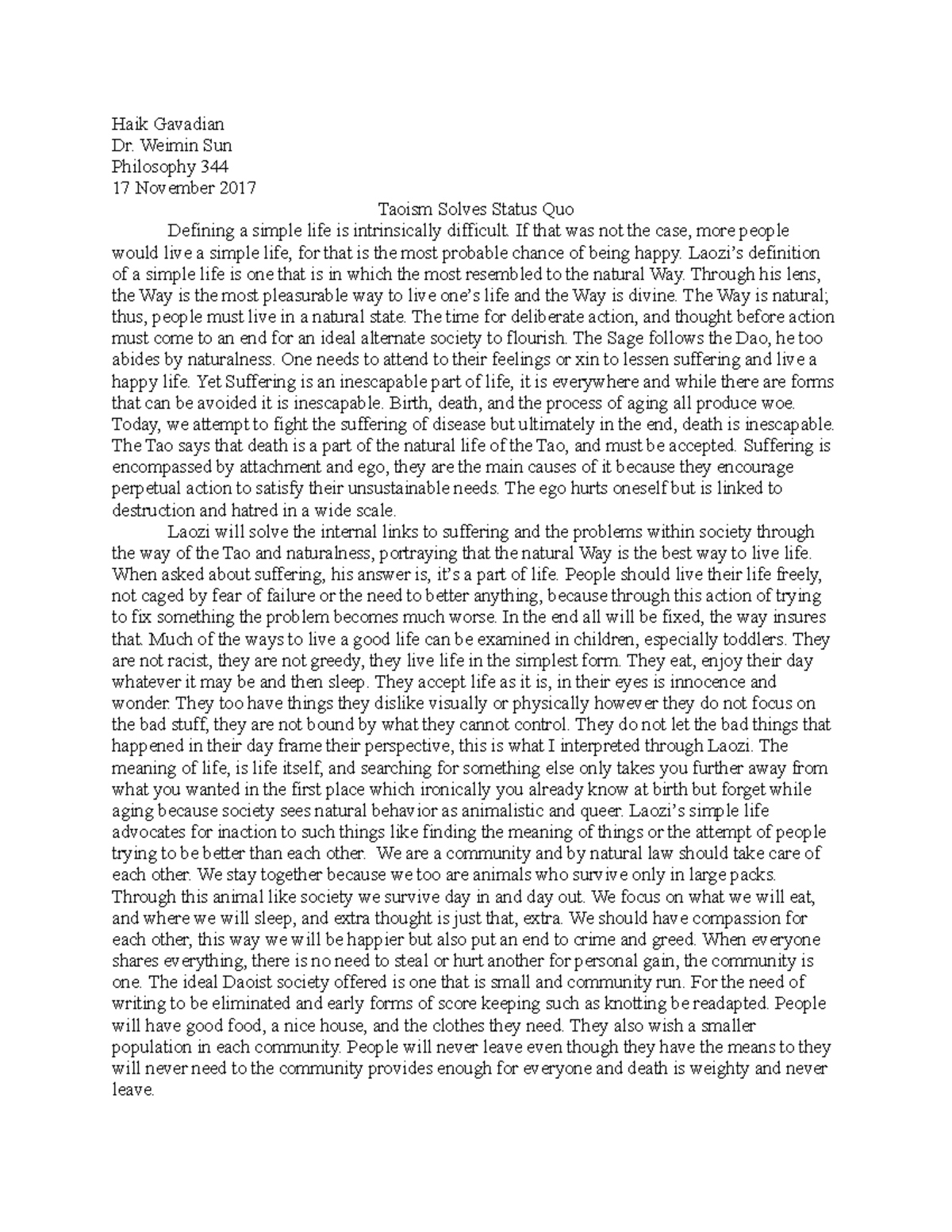 Taoism Paper - Grade: A - Haik Gavadian Dr. Weimin Sun Philosophy 344 ...