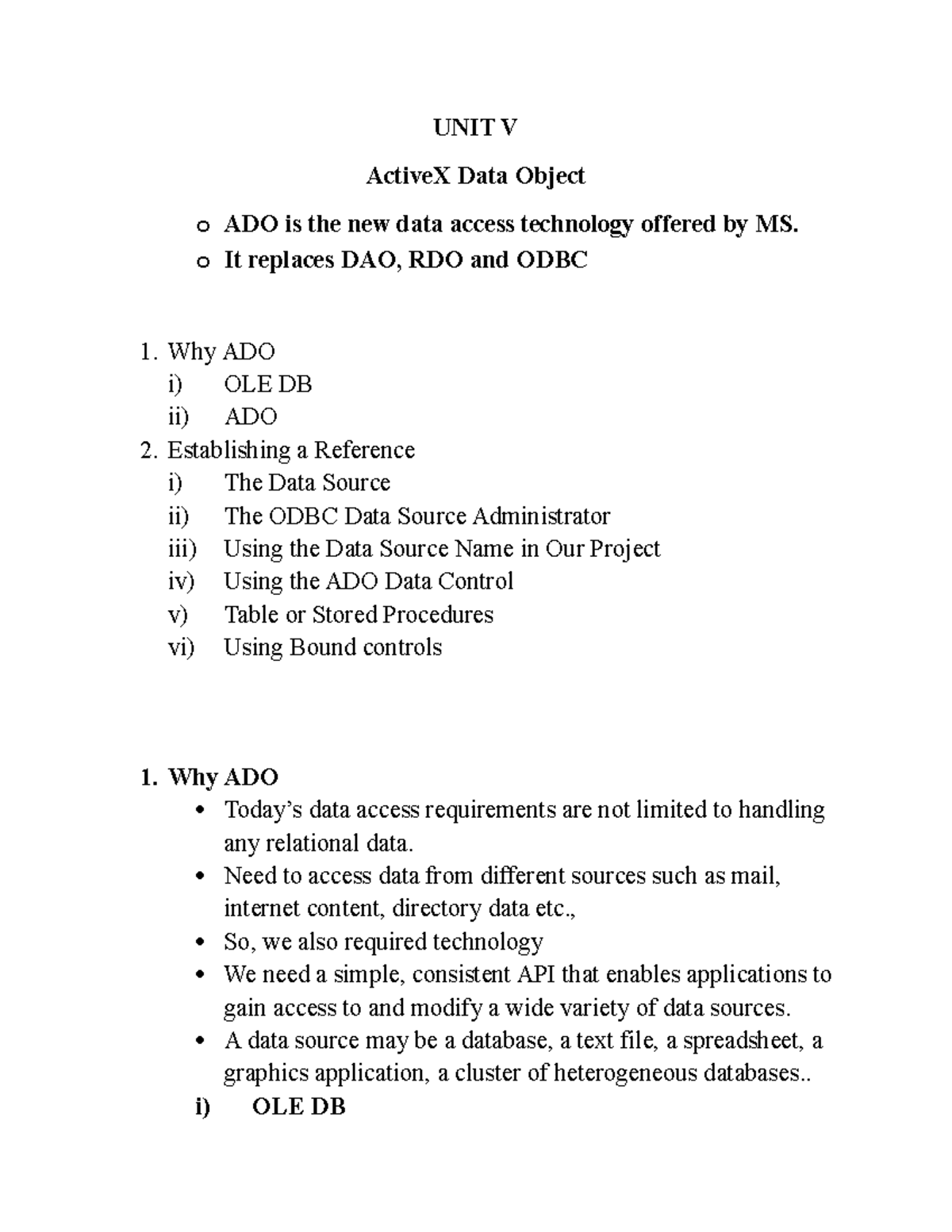 UNIT V-2 - UNIT V ActiveX Data Object o ADO is the new data access technology offered by MS. o ...
