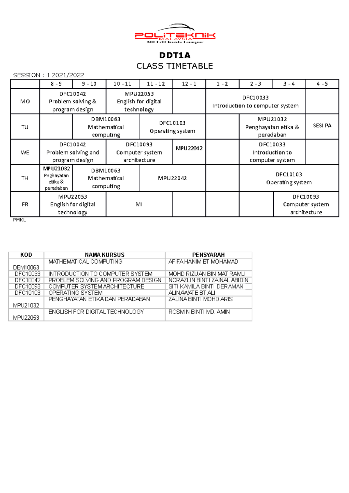 Class Time Table - test - DDT1A CLASS TIMETABLE SESSION : I 2021/ 8 - 9 ...