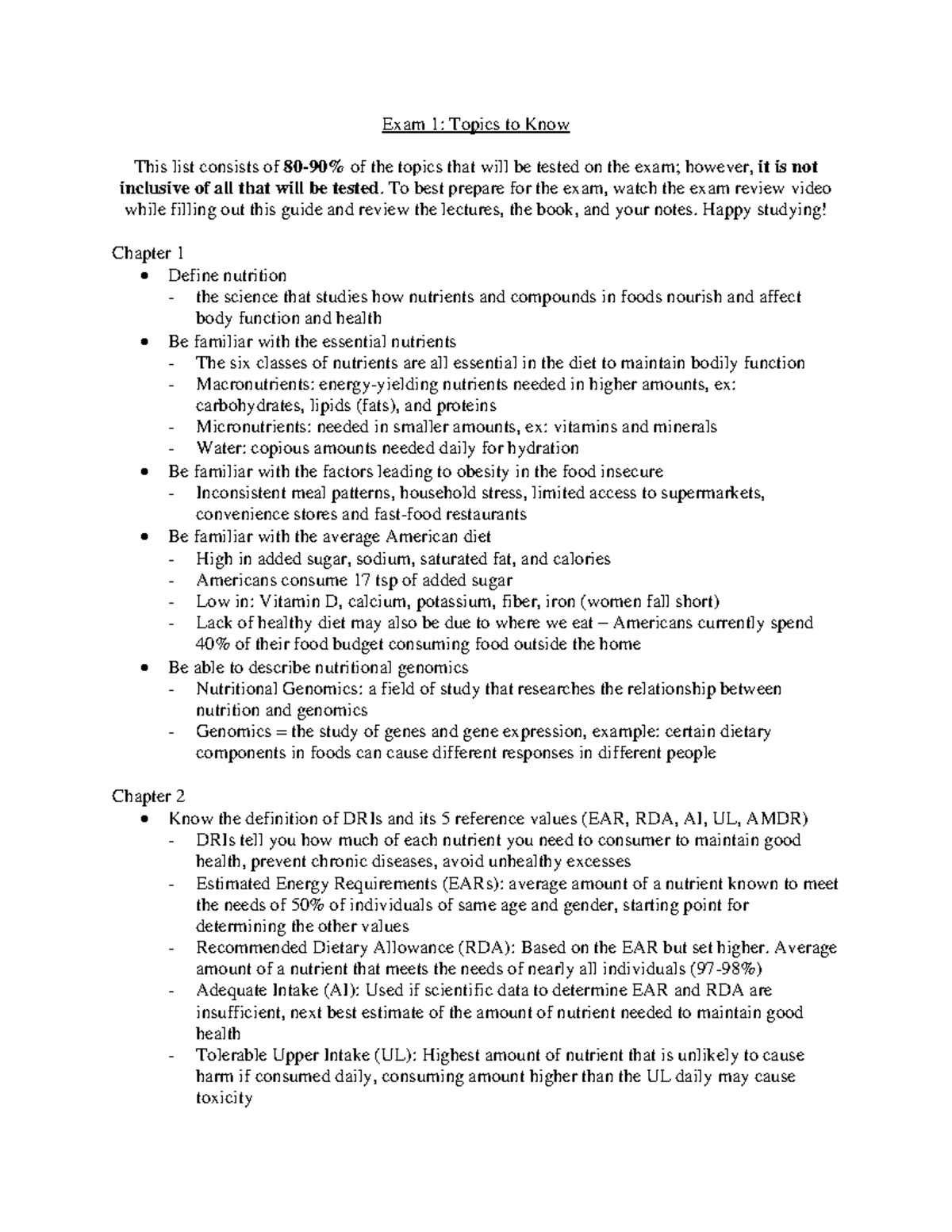 Exam 1 Topics to Know PDF - Exam 1: Topics to Know This list consists ...