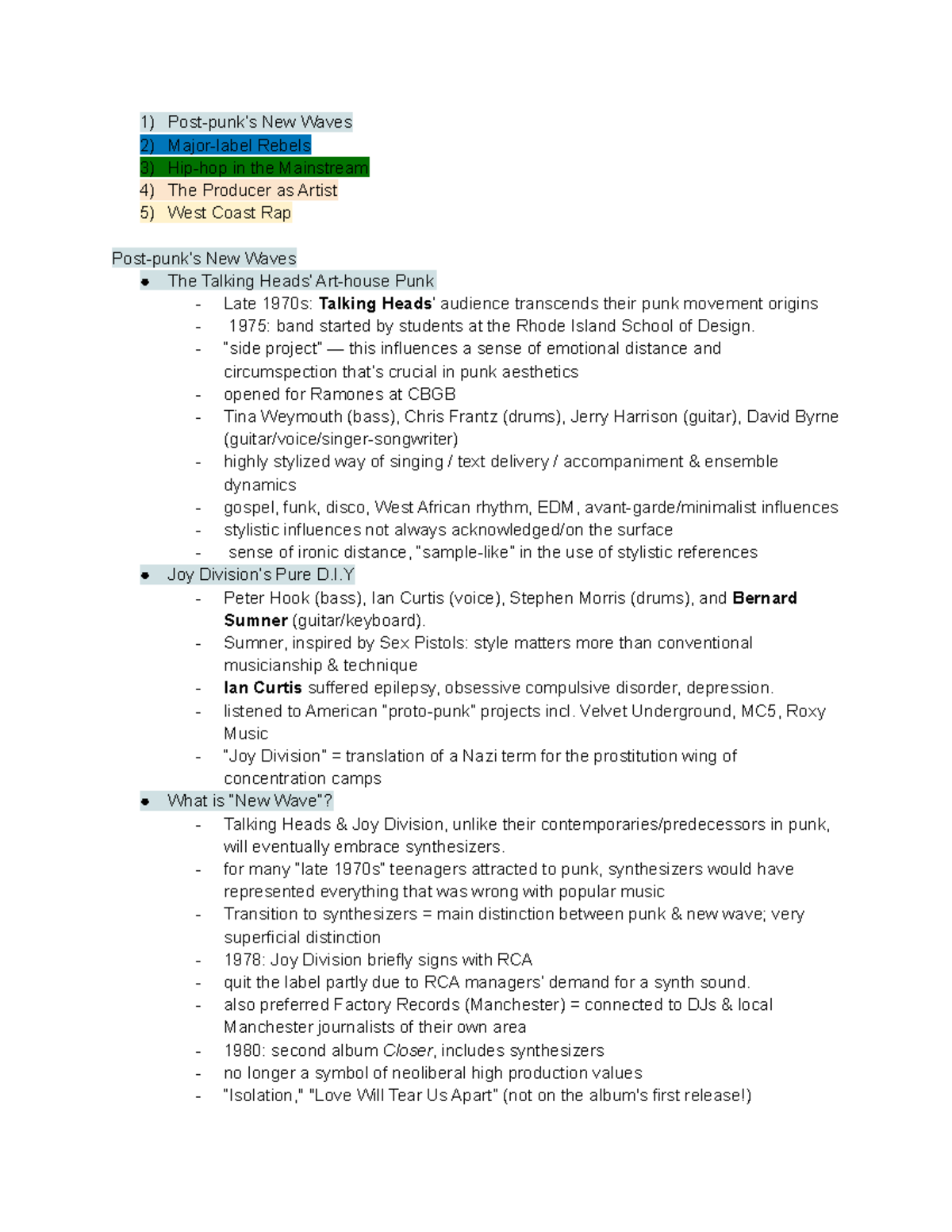 Music 80P Lecture 14 - lect notes - Post-punk’s New Waves Major-label ...