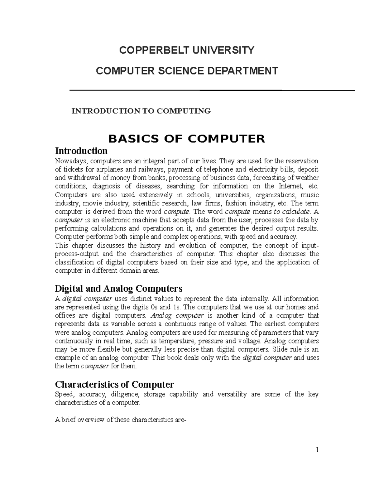 395755211 UNIT 1 Basics of Computer - COPPERBELT UNIVERSITY COMPUTER SCIENCE DEPARTMENT ...