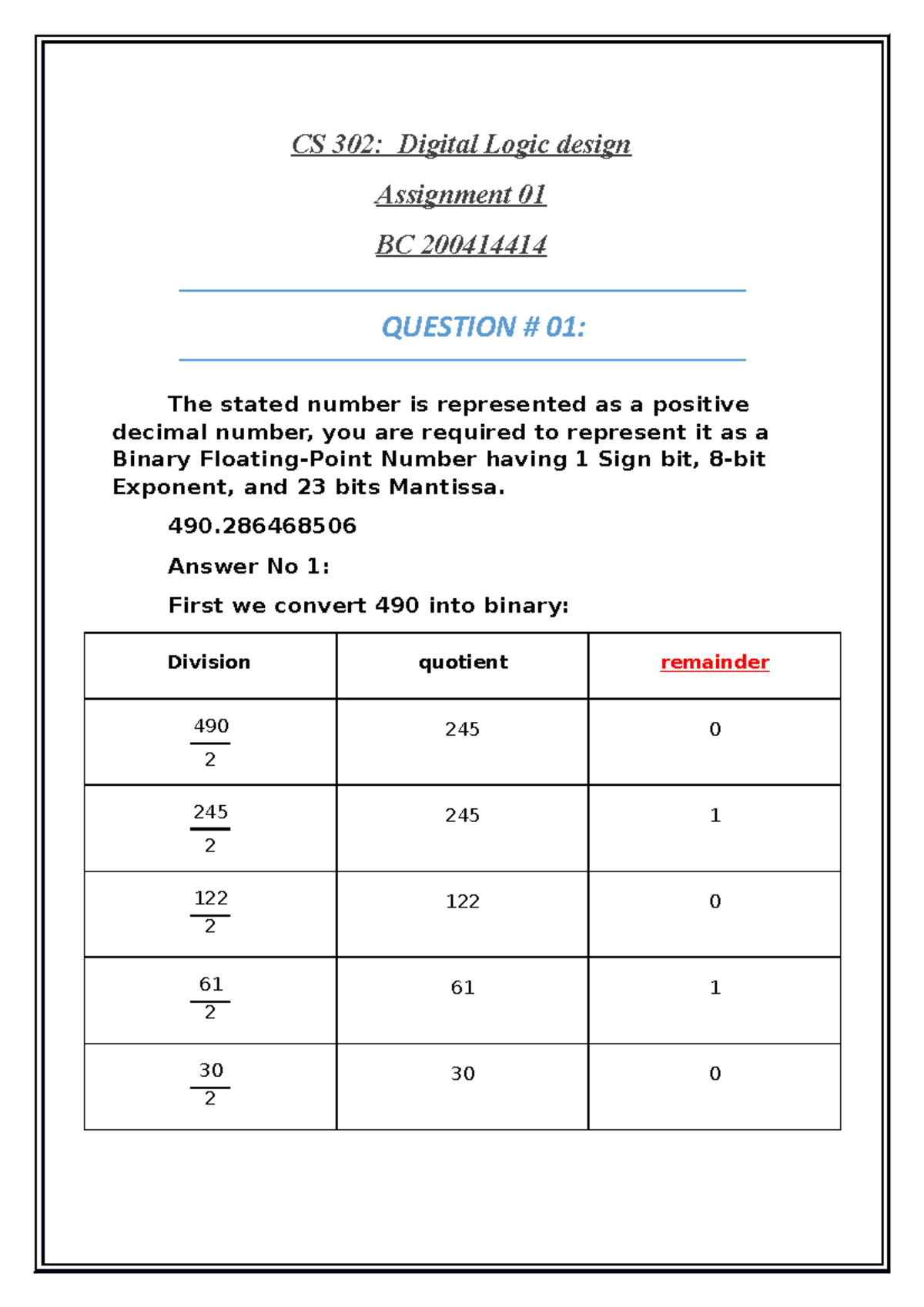 CS 302 Assignment 1 BC2004 14414 - CS 302: Digital Logic design ...