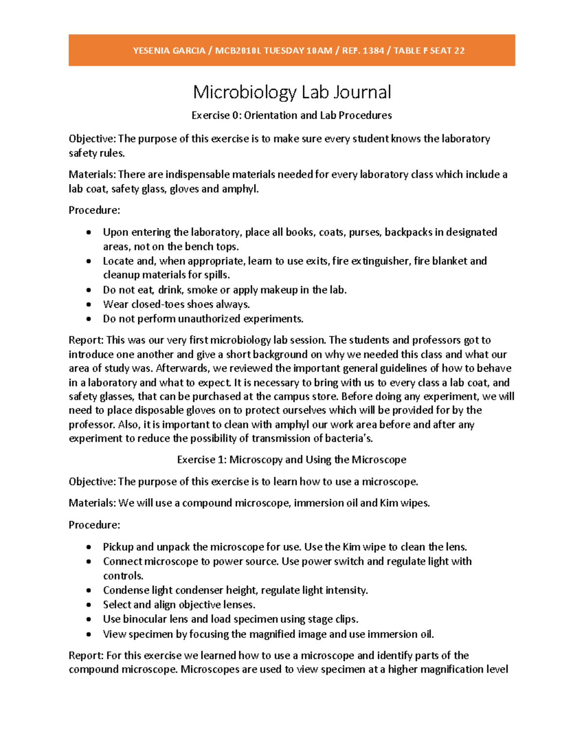 Yesenia garcia journal - Microbiology Lab Journal Exercise 0 ...