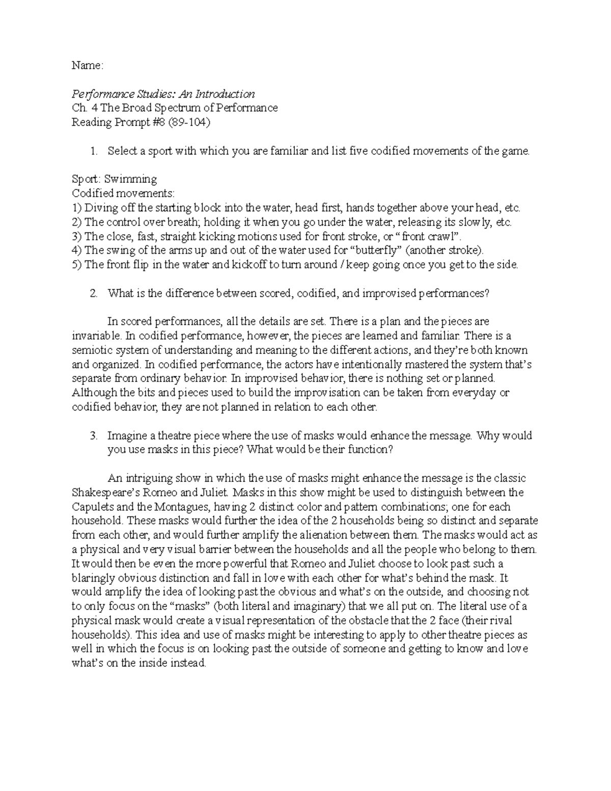 Intro to Performance Studies Reading Prompt (pp 89-104) - Name ...