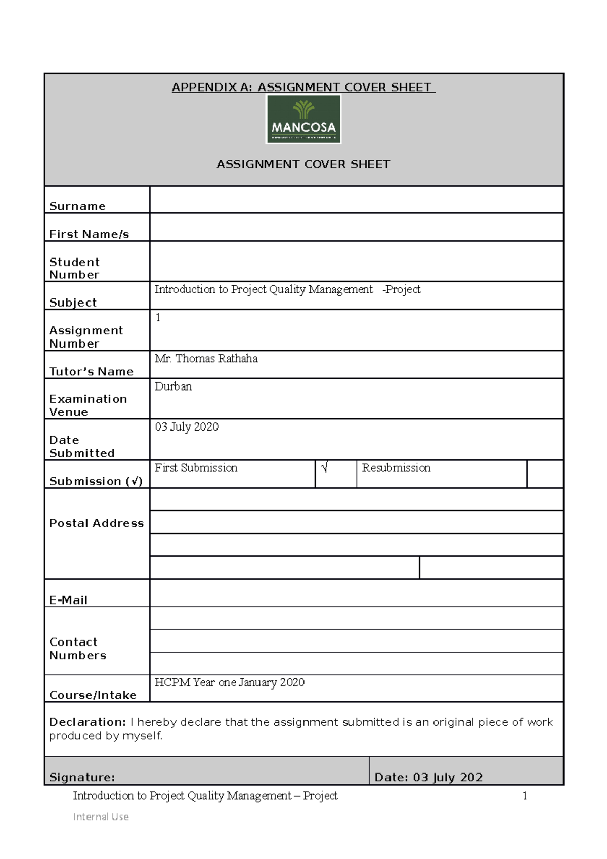 Project- Introduction to Quality Management - APPENDIX A: ASSIGNMENT ...