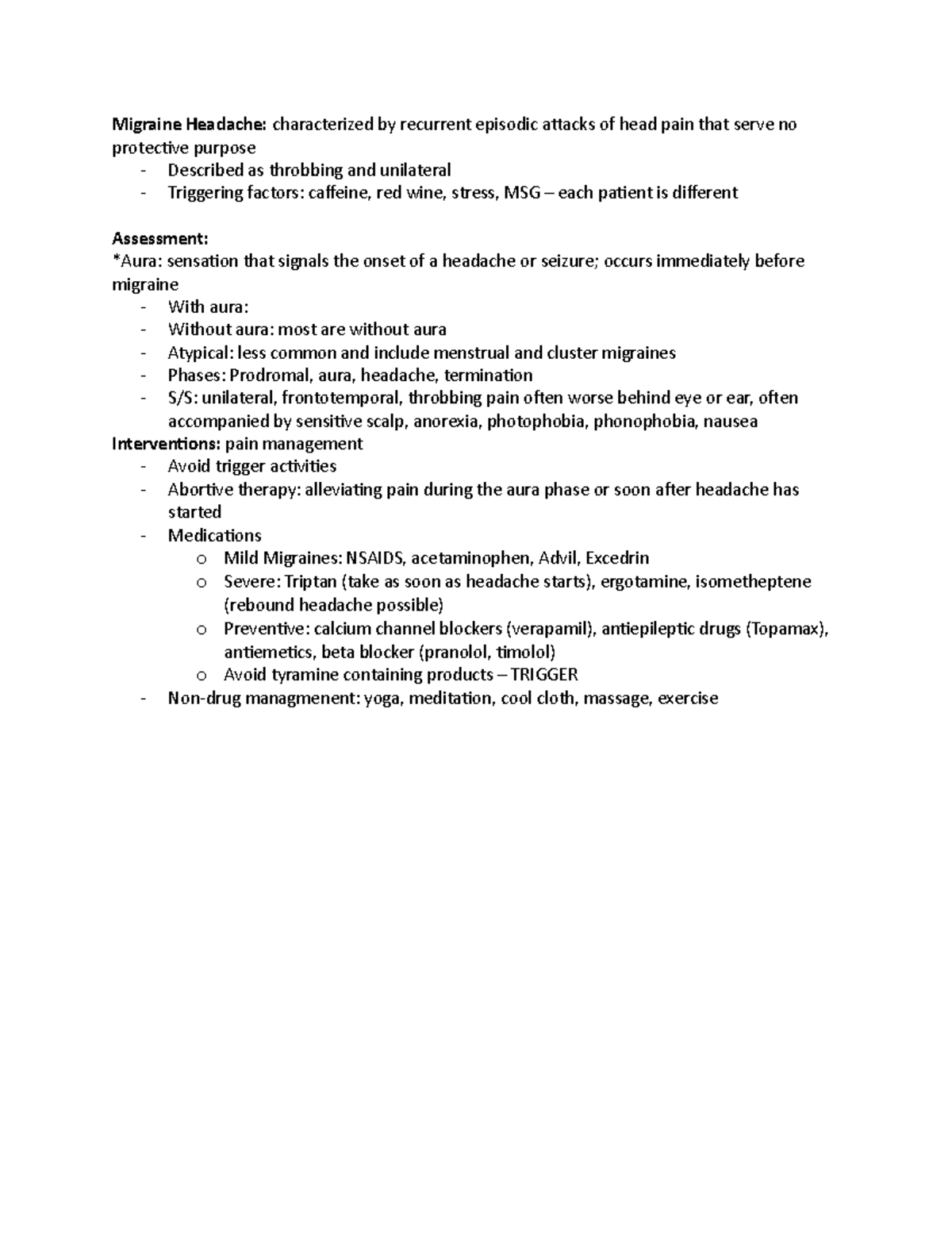 Migraine Headache Study Guide concept map - Migraine Headache ...
