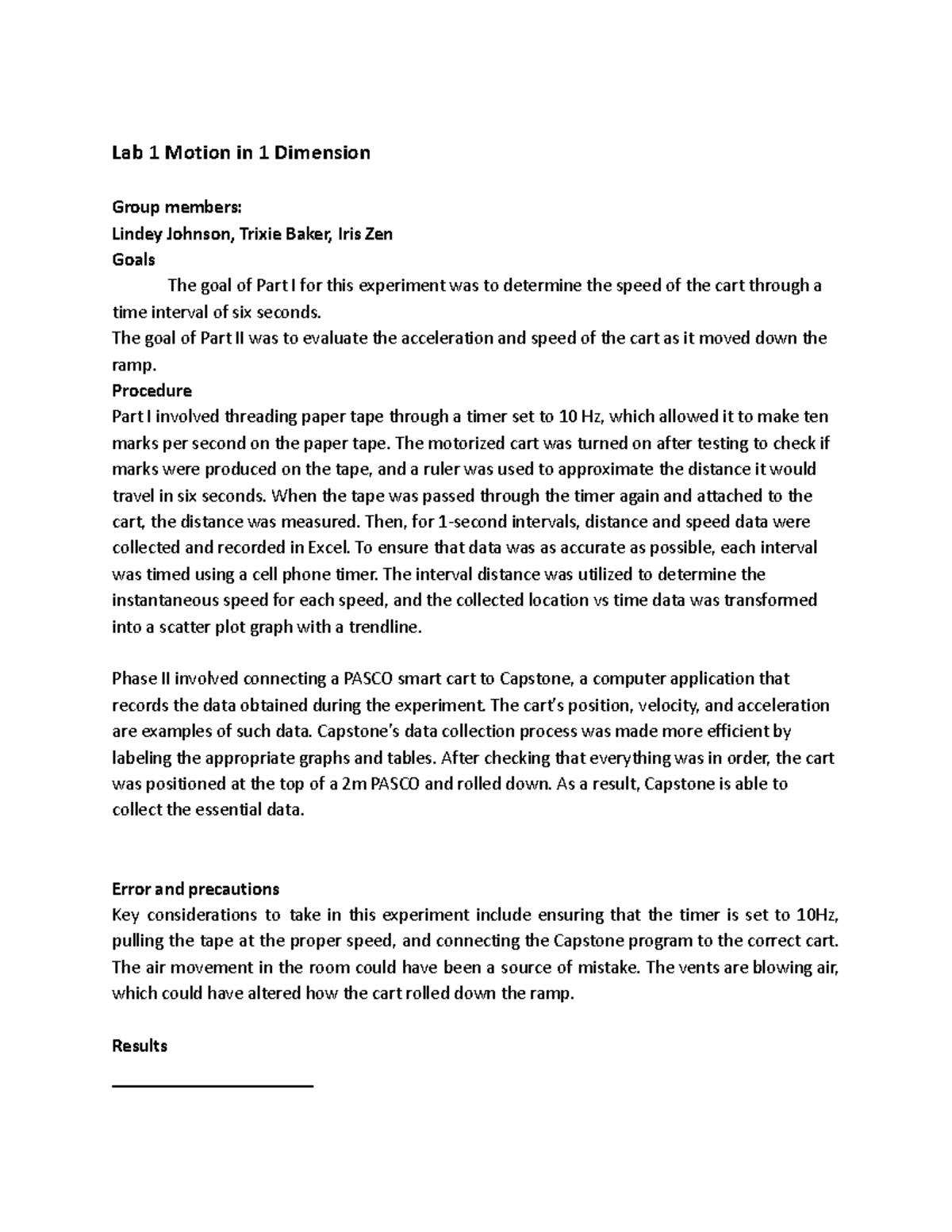 Lab 1 Motion in 1 Dimension - Lab 1 Motion in 1 Dimension Group members ...