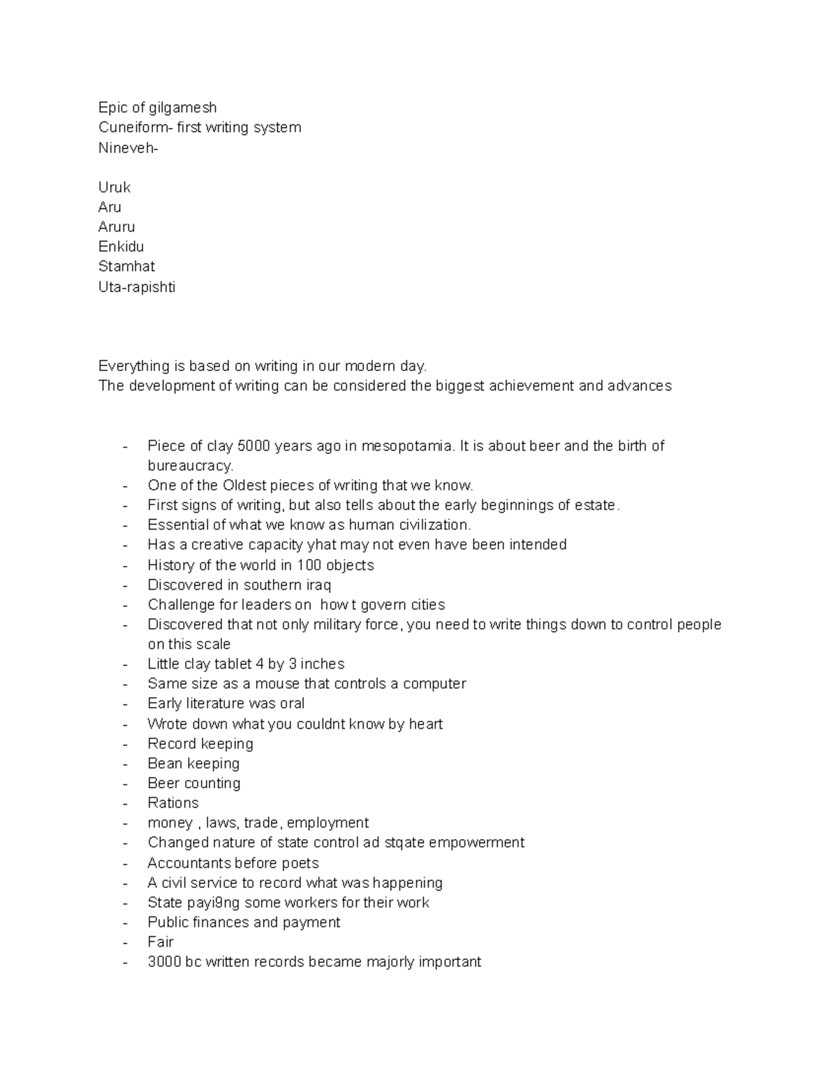 History 150 notes till midterm - Epic of gilgamesh Cuneiform- first ...