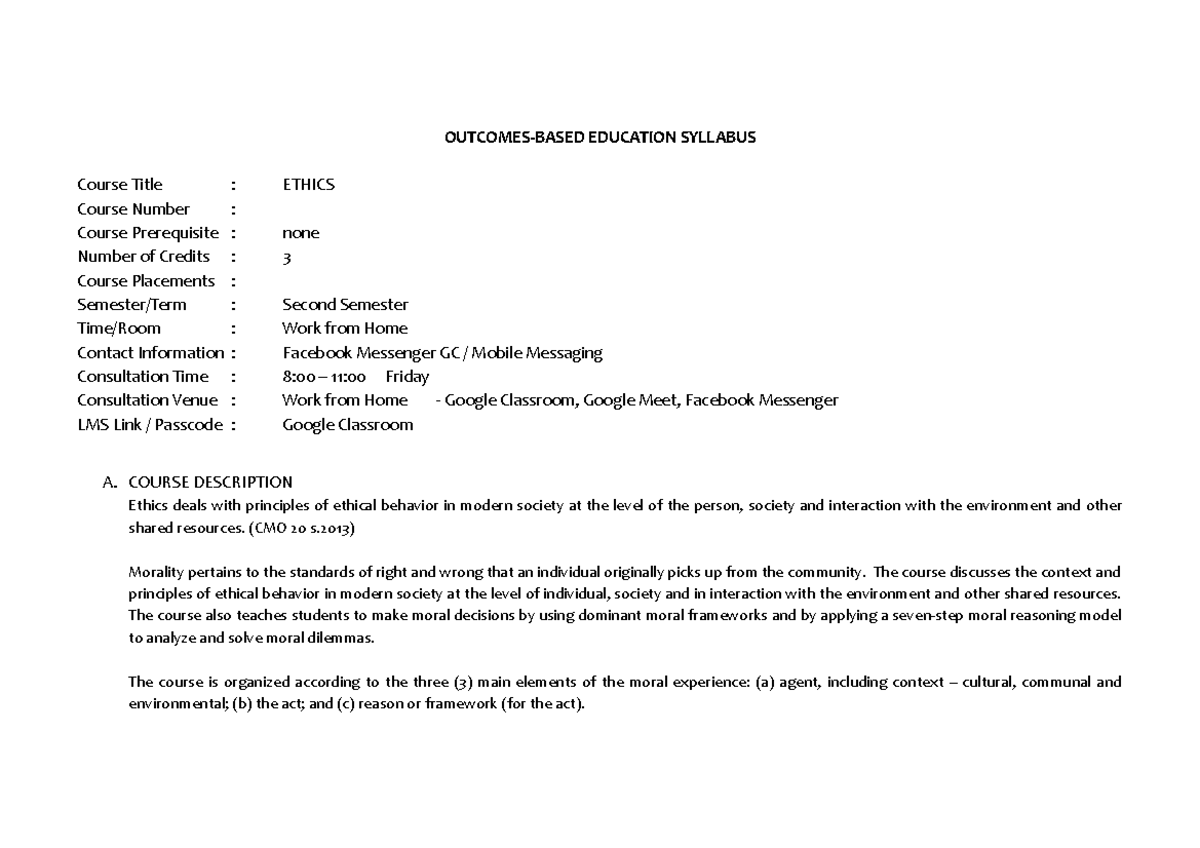 Ethics - OBE COurse Syllabus - OUTCOMES-BASED EDUCATION SYLLABUS Course ...