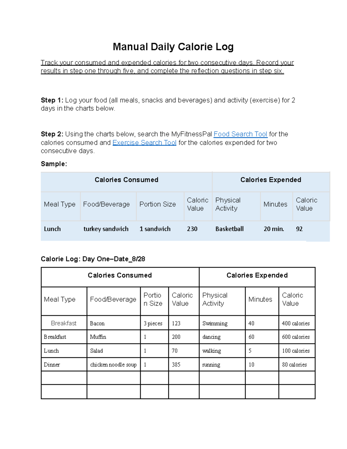 Manual daily calorie log - Manual Daily Calorie Log Track your consumed ...