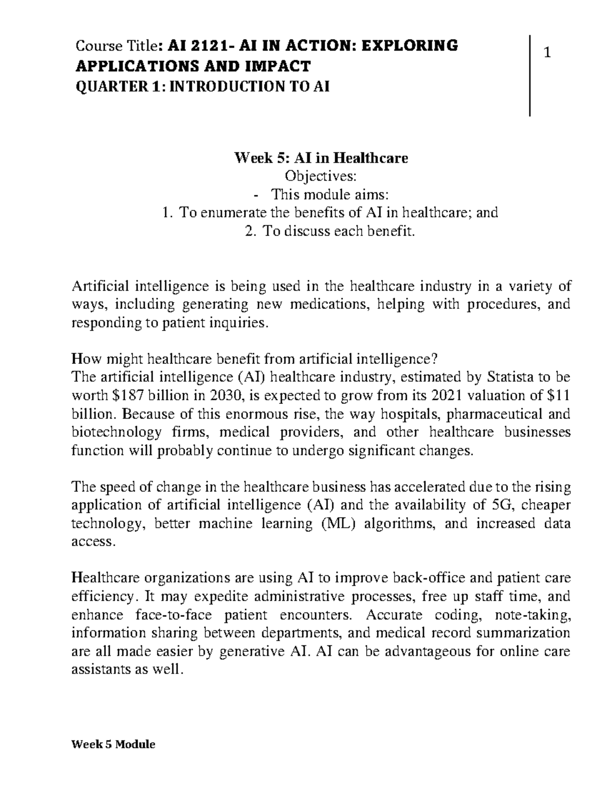 AI 2121 W5 - aRTIFICIAL iNTELLIGENCE - APPLICATIONS AND IMPACT QUARTER 1 : INTRODUCTION TO AI 1 ...